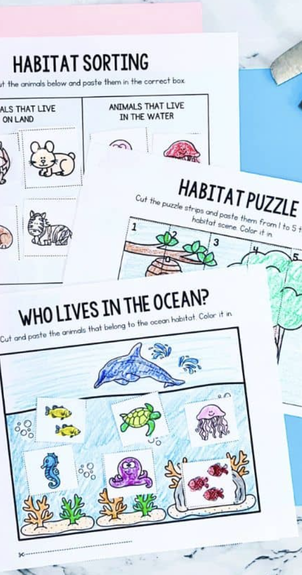 Animal Habitat Cut and Paste Worksheets